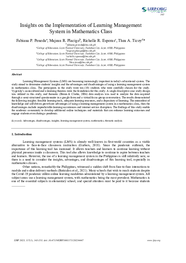 (PDF) Insights on the Implementation of Learning Management System in Mathematics Class