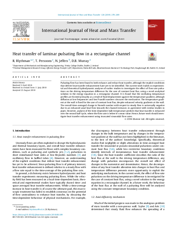 (PDF) Heat transfer of laminar pulsating flow in a rectangular channel