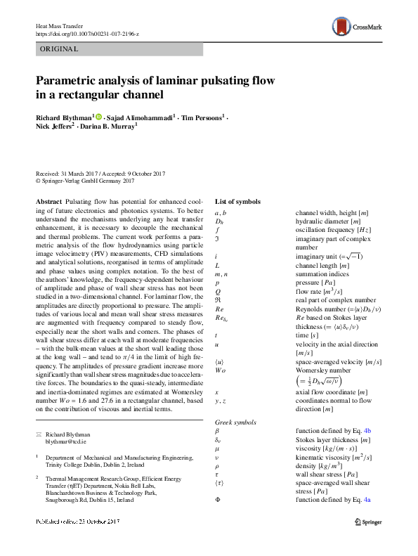 (PDF) Parametric analysis of laminar pulsating flow in a rectangular channel