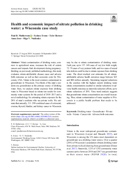 (PDF) Health and economic impact of nitrate pollution in drinking water ...