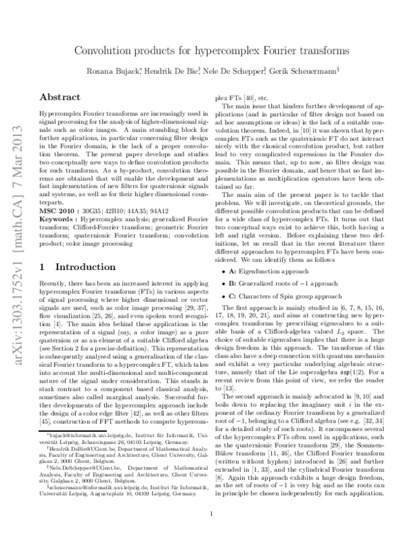 (PDF) Convolution products for hypercomplex Fourier transforms