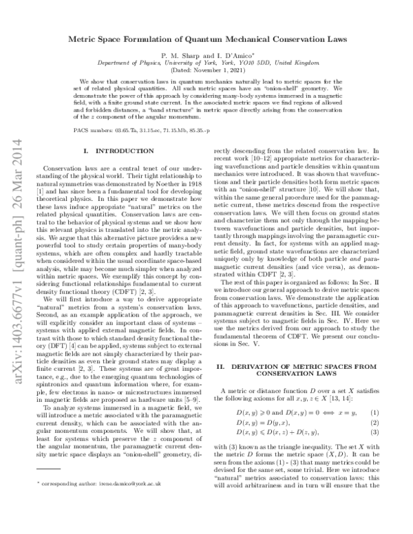 (PDF) Metric space formulation of quantum mechanical conservation laws