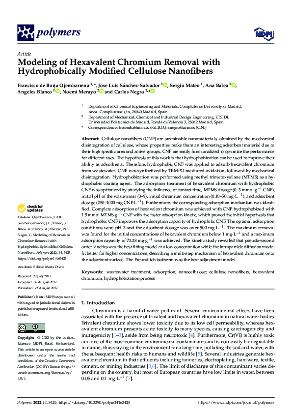 (PDF) Modeling of Hexavalent Chromium Removal with Hydrophobically Modified Cellulose Nanofibers