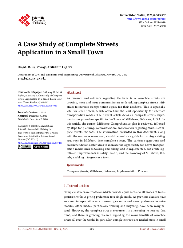 (PDF) A Case Study of Complete Streets Application in a Small Town