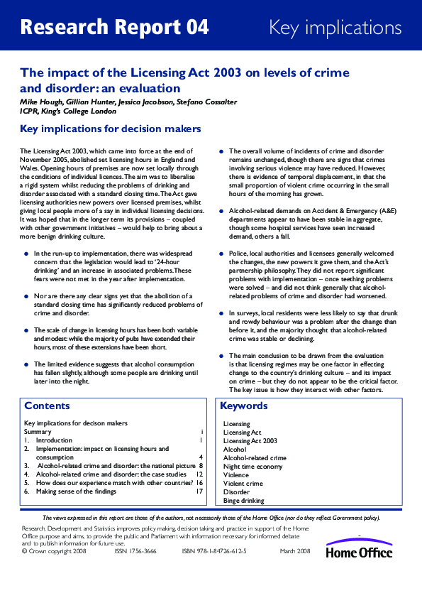 (PDF) The impact of the Licensing Act 2003 on levels of crime and ...