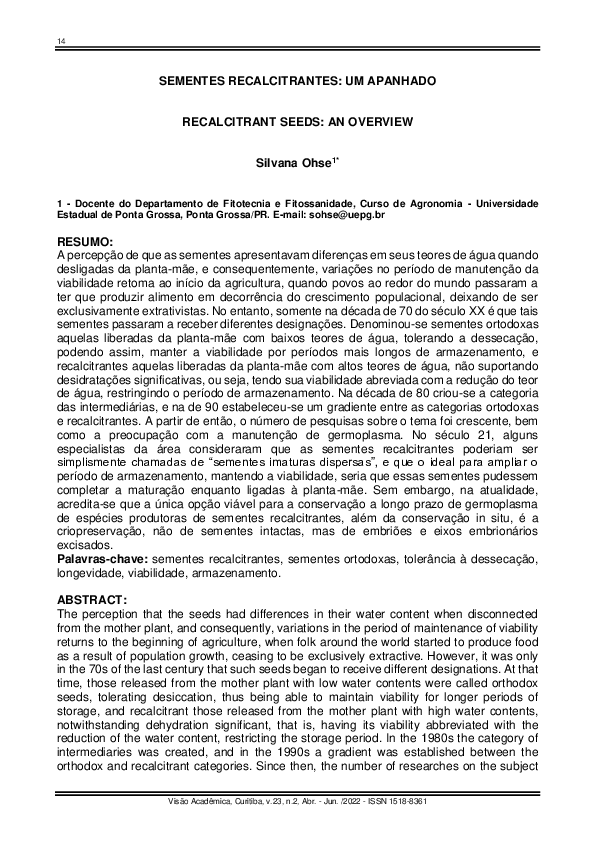(PDF) Sementes Recalcitrantes: Um Apanhado