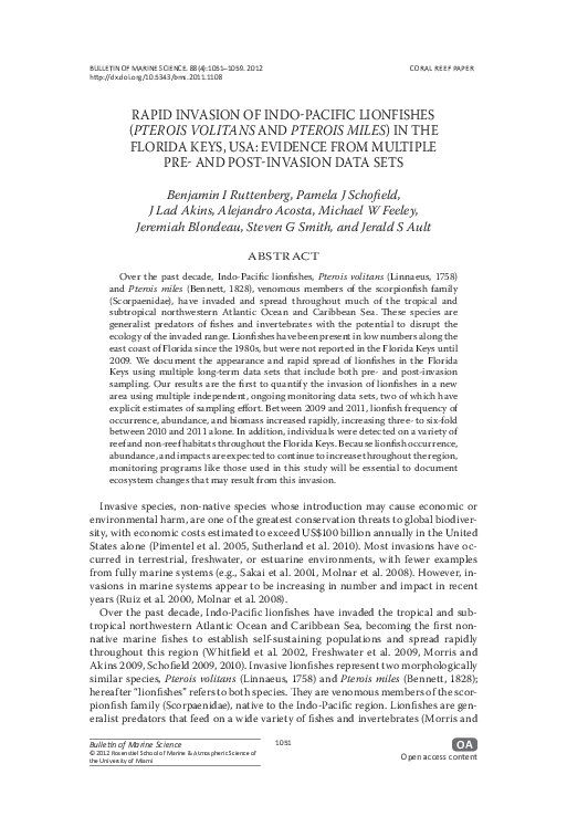 (PDF) Rapid Invasion of Indo-Pacific Lionfishes ( Pterois Volitans and ...