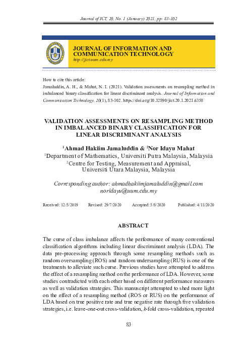 (PDF) Validation Assessments on Resampling Method in Imbalanced Binary Classification for Linear ...
