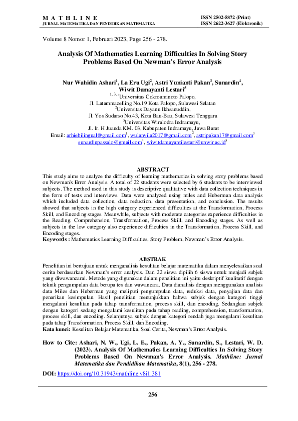 (PDF) Analysis Of Mathematics Learning Difficulties In Solving Story Problems Based On Newman's ...