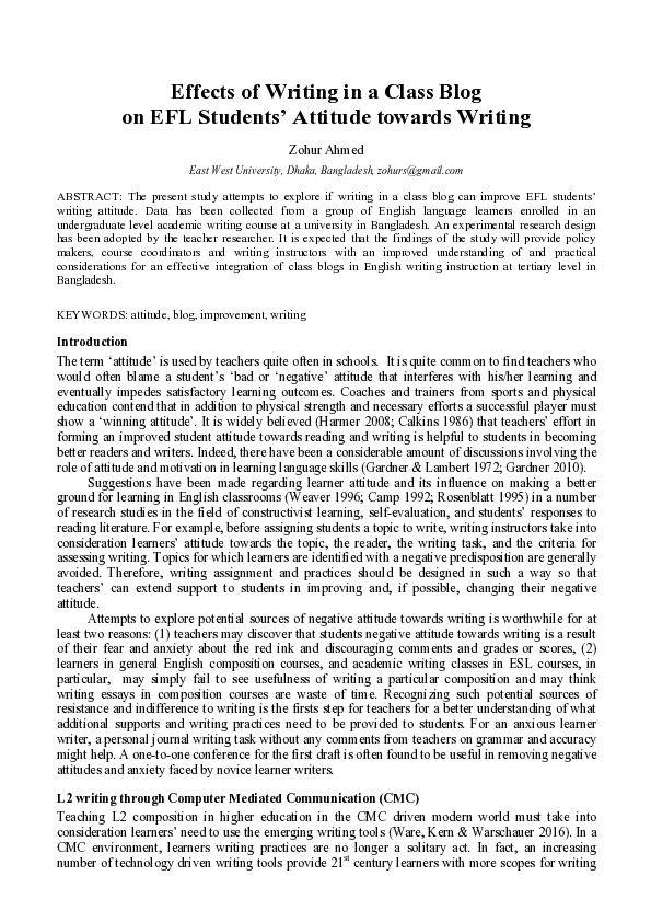 (PDF) Effects of Writing in a Class Blog on EFL Students’ Attitude ...