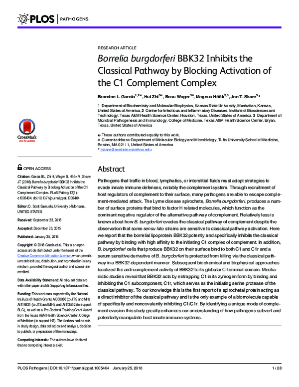 (PDF) Borrelia burgdorferi BBK32 Inhibits the Classical Pathway by ...