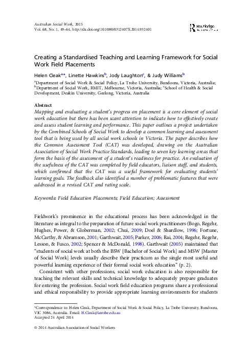 (PDF) Creating a Standardised Teaching and Learning Framework for Social Work Field Placements