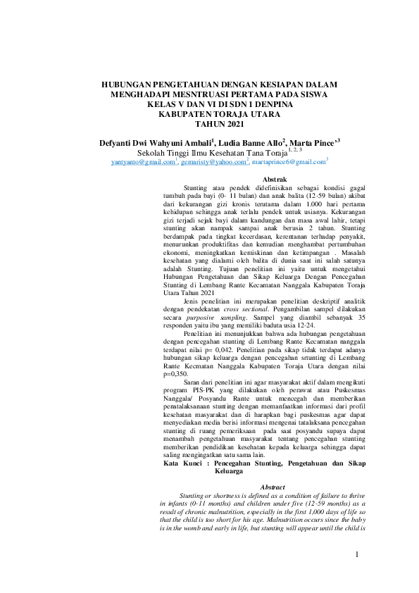(PDF) Hubungan Pengetahuan Dan Sikap Keluarga Dengan Pencegahan Stunting DI Lembang Rante ...