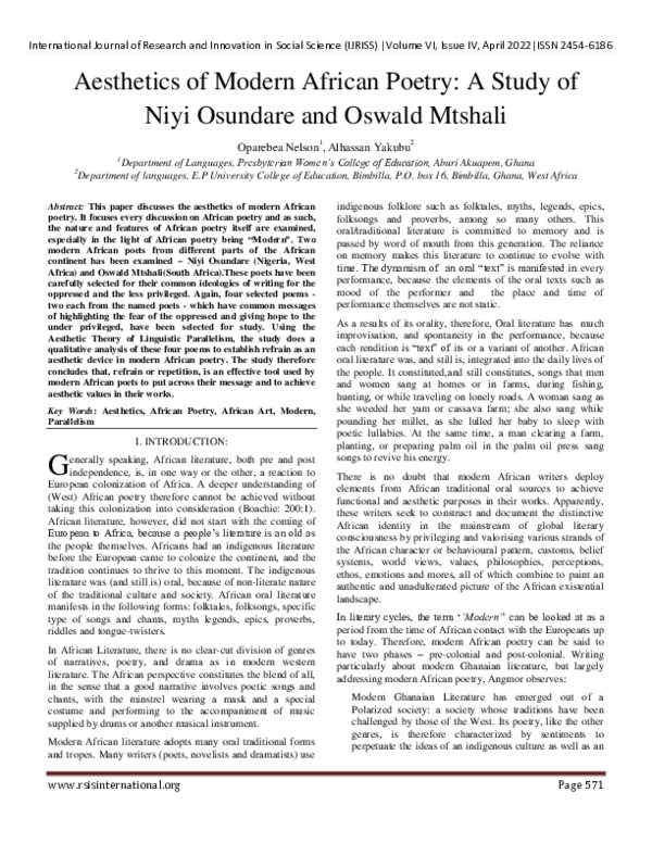 (PDF) Aesthetics of Modern African Poetry: A Study of Niyi Osundare and ...