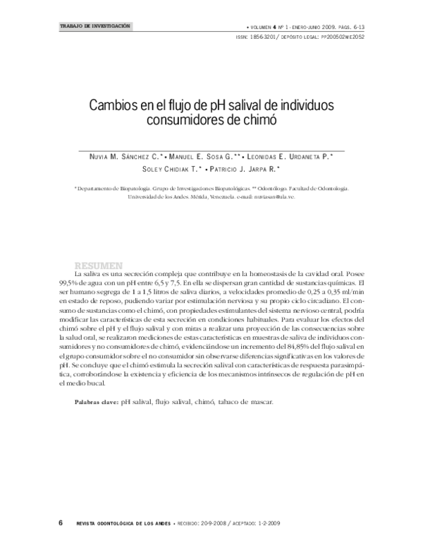 (PDF) Cambios en el flujo de pH salival de individuos consumidores de chimó
