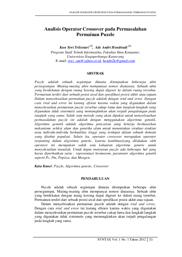 (PDF) Analisis Operator Crossover pada Permasalahan Permainan Puzzle