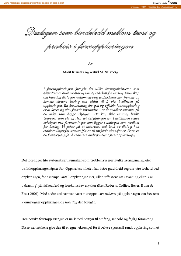 (PDF) Dialogen som bindeledd mellom teori og praksis i føreropplæringen