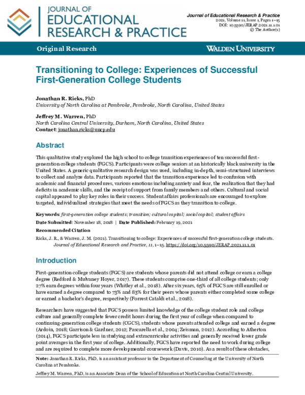 (PDF) Transitioning to College: Experiences of Successful First ...