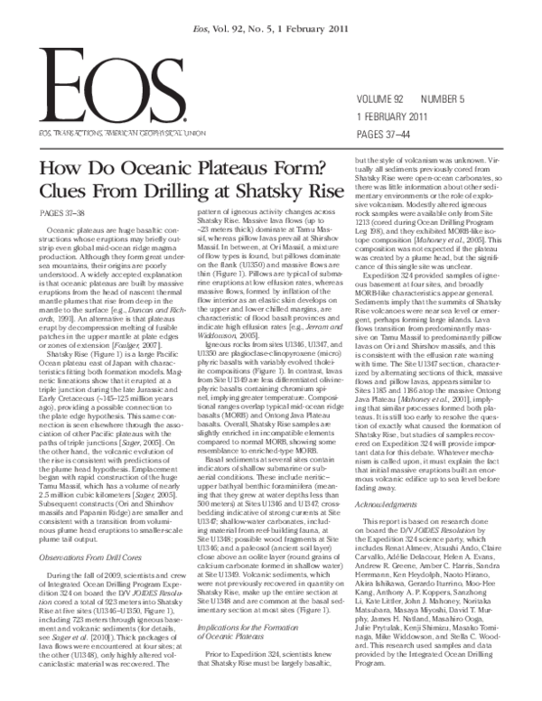(PDF) How Do Oceanic Plateaus Form? Clues From Drilling at Shatsky Rise ...