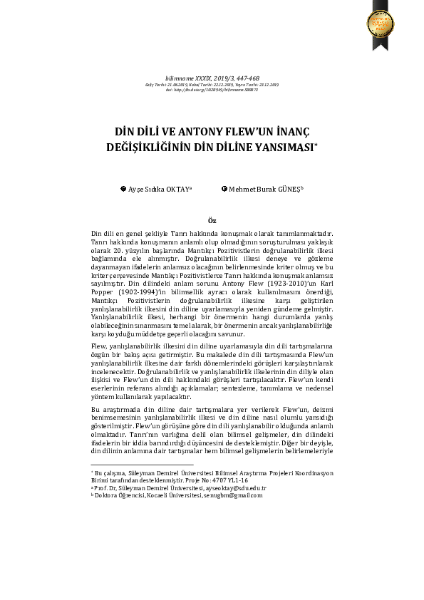 (PDF) Din Dili ve Antony Flew’un İnanç Değişikliğinin Din Diline Yansıması