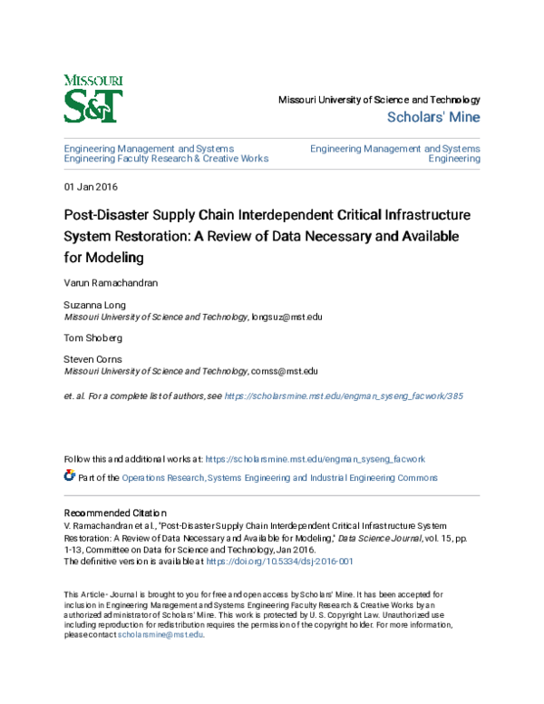 (PDF) Post-Disaster Supply Chain Interdependent Critical Infrastructure System Restoration: A ...