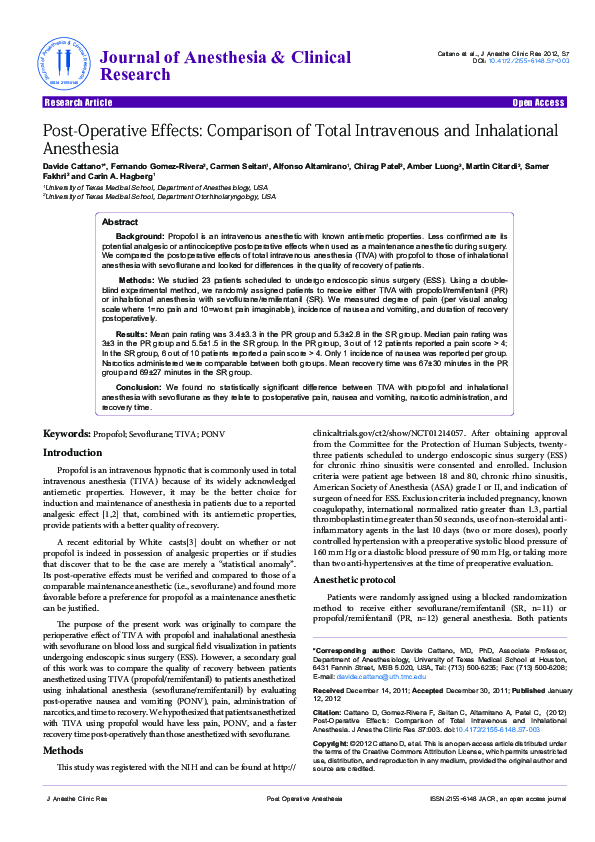 (PDF) Post-Operative Effects: Comparison of Total Intravenous and Inhalational Anesthesia