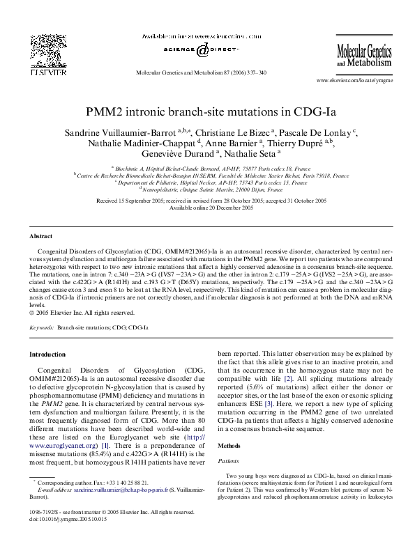 (PDF) PMM2 intronic branch-site mutations in CDG-Ia