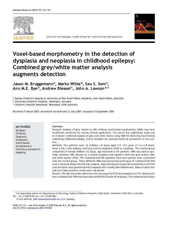 (PDF) Voxel-based morphometry in the detection of dysplasia and neoplasia in childhood epilepsy ...