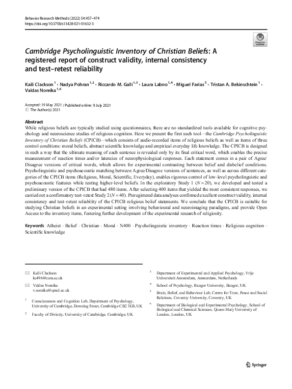(PDF) Cambridge Psycholinguistic Inventory of Christian Beliefs: A registered report of ...