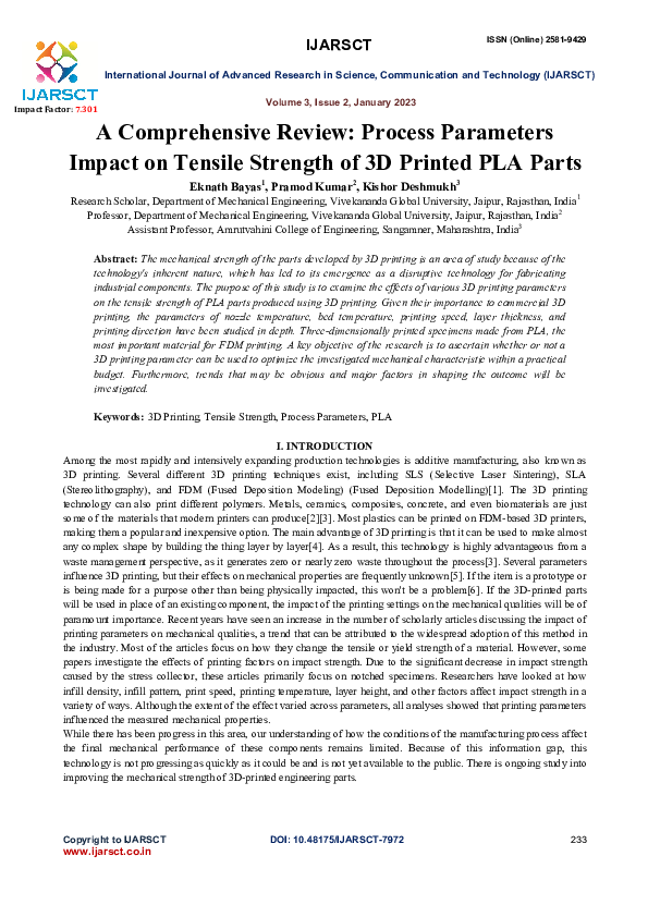 (PDF) A Comprehensive Review: Process Parameters Impact on Tensile Strength of 3D Printed PLA Parts