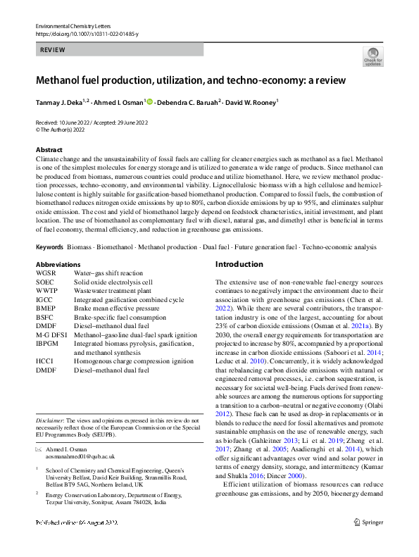 (PDF) Methanol fuel production, utilization, and techno-economy: a review