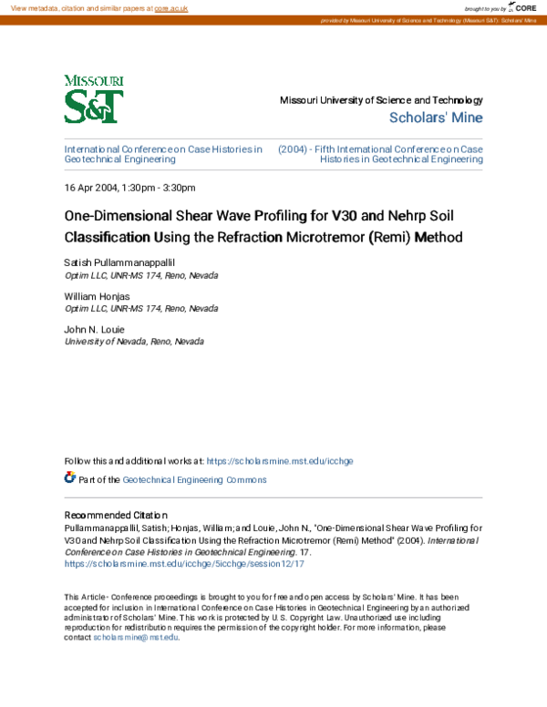(PDF) One-Dimensional Shear Wave Profiling for V30 and Nehrp Soil Classification Using the ...