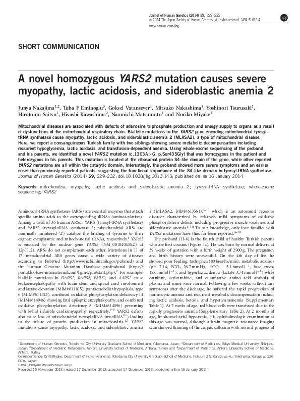(PDF) A novel homozygous YARS2 mutation causes severe myopathy, lactic ...