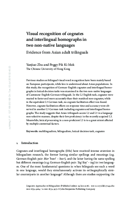 (PDF) Visual recognition of cognates and interlingual homographs in two ...