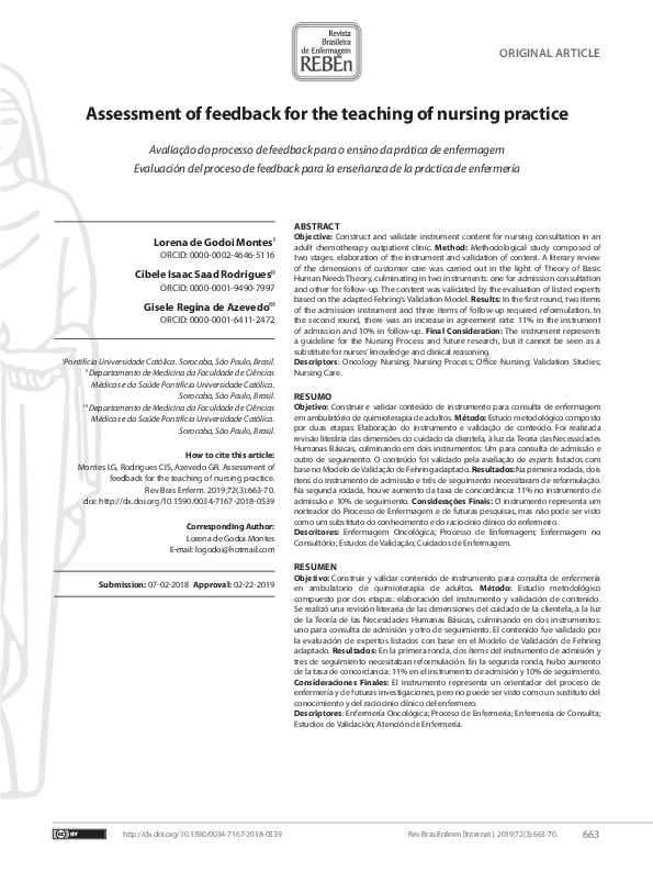 (PDF) Assessment of feedback for the teaching of nursing practice