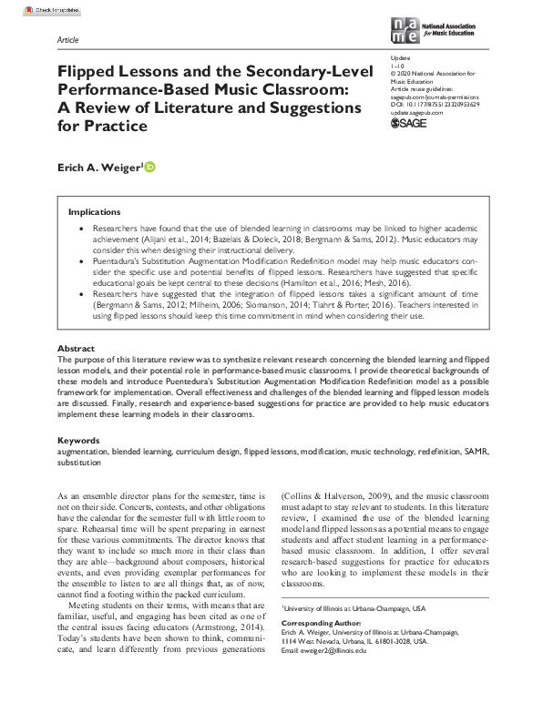 (PDF) Flipped Lessons and the Secondary-Level Performance-Based Music Classroom: A Review of ...