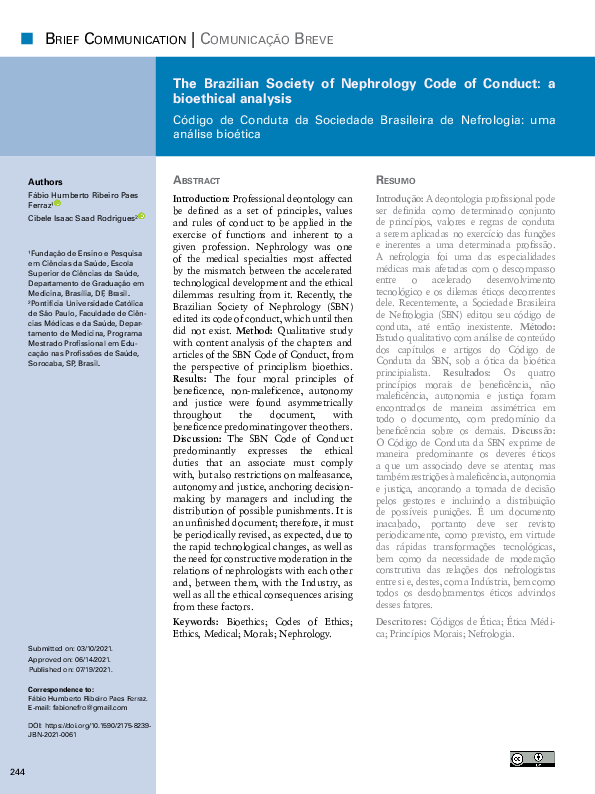 (PDF) The Brazilian Society of Nephrology Code of Conduct: a bioethical ...