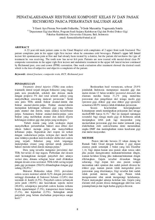 (PDF) PENATALAKSANAAN RESTORASI KOMPOSIT KELAS IV DAN PASAK RICHMOND PASCA PERAWATAN SALURAN AKAR