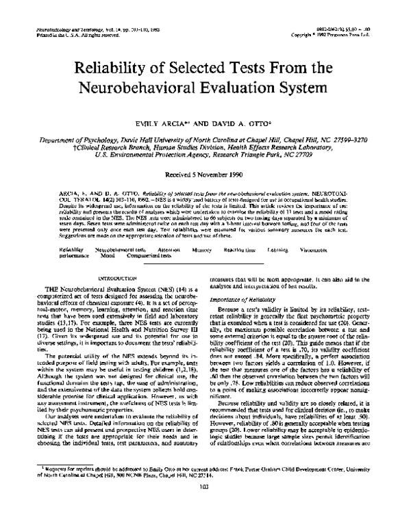 (PDF) Reliability of selected tests from the neurobehavioral evaluation ...