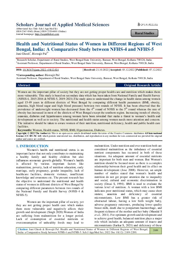 (PDF) Health and Nutritional Status of Women in Different Regions of ...