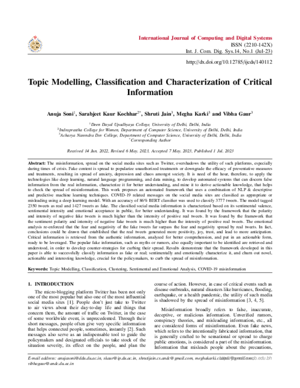 (PDF) Topic Modelling, Classification and Characterization of Critical ...
