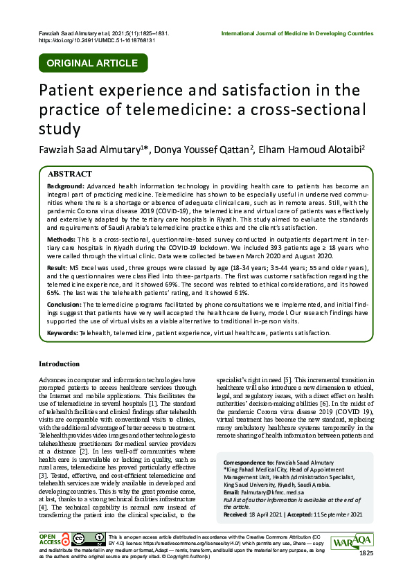 (PDF) Patient experience and satisfaction in the practice of telemedicine: a cross-sectional study