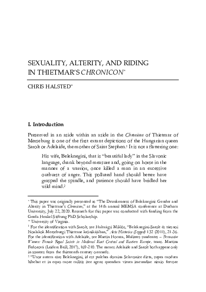 (PDF) Sexuality, Alterity, and Riding in Thietmar's Chronicon