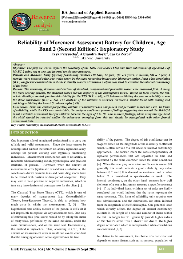 (PDF) Reliability of Movement Assessment Battery for Children, Age Band ...