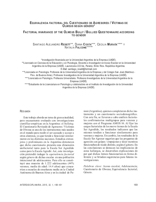 (PDF) Factorial invariance of the Olweus Bully / Bullied Questionnaire ...