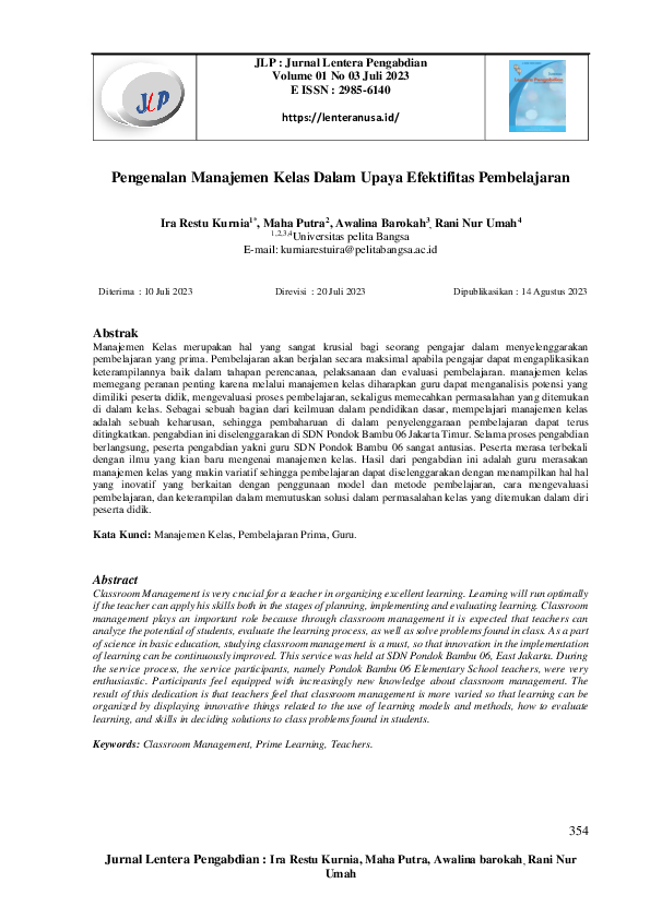 (PDF) Pengenalan Manajemen Kelas Dalam Upaya Efektifitas Pembelajaran