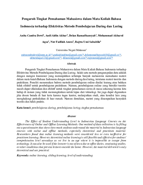 (PDF) Pengaruh Tingkat Pemahaman Mahasiswa dalam Mata Kuliah Bahasa Indonesia terhadap ...