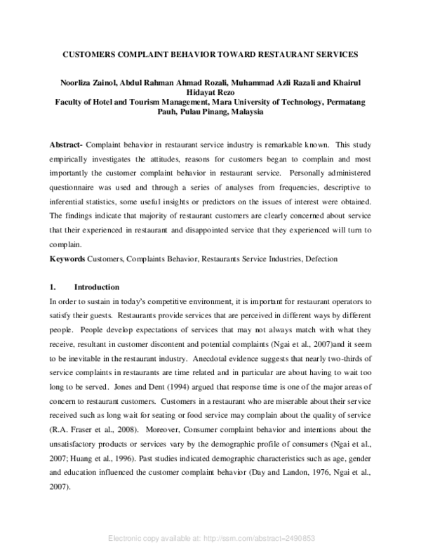 (PDF) Customers Complaint Behavior Toward Restaurant Services | Azli ...