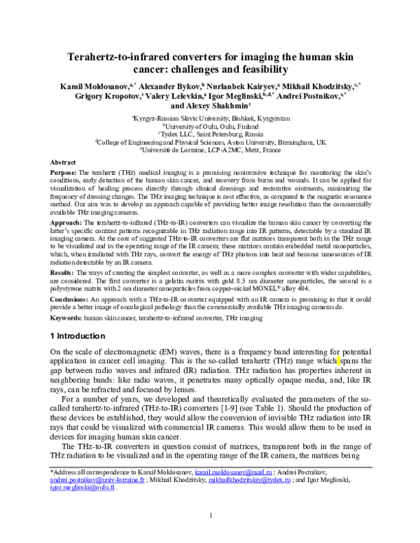 Pdf Terahertz To Infrared Converters For Imaging The Human Skin Cancer Challenges And
