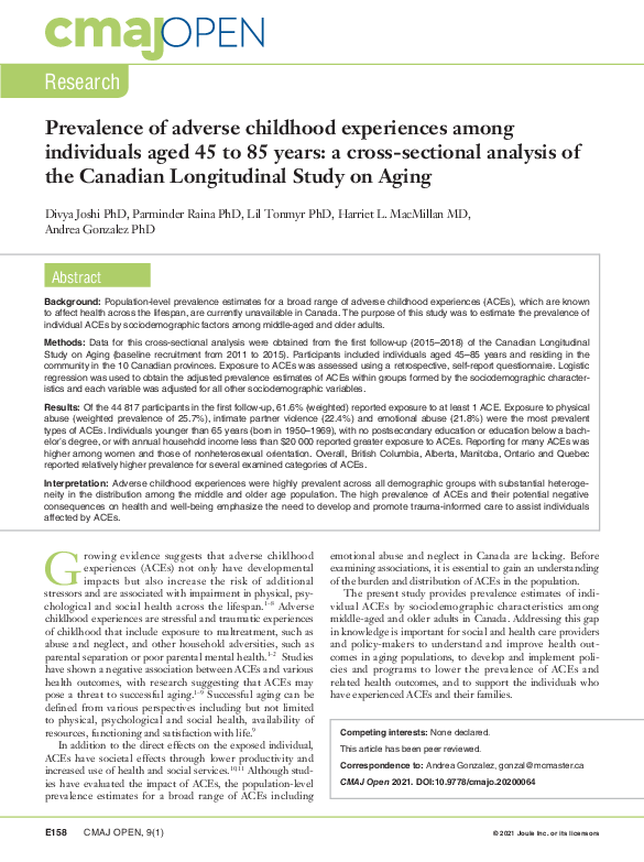 (PDF) Prevalence of adverse childhood experiences among individuals aged 45 to 85 years: a cross ...